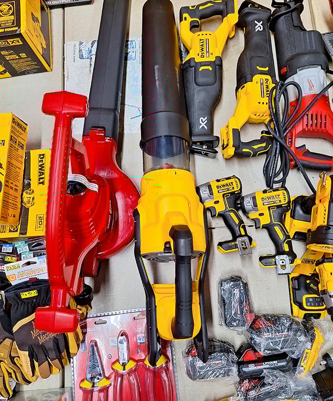 Tool paradise for DIY enthusiasts. DeWalt yellow dominates this display like Wildcats blue dominates Kentucky basketball conversations.