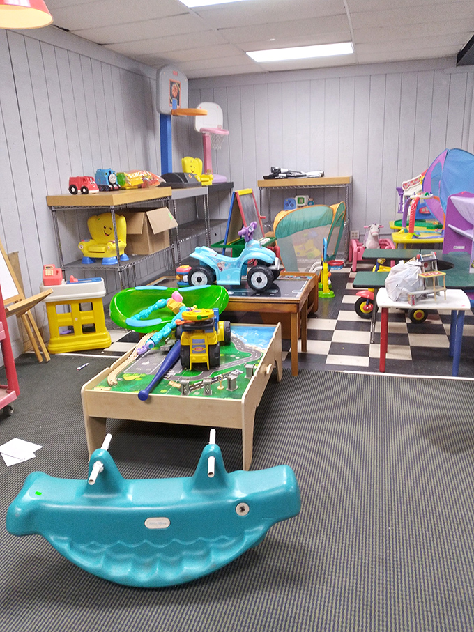 Kiddie wonderland where plastic dinosaurs, toy cars, and rocking horses await adoption by imaginative new owners.