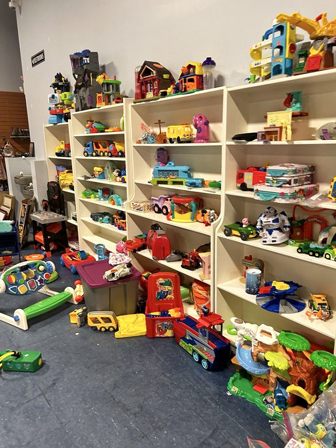 Childhood nostalgia hits hard in the toy section, where plastic treasures from different decades sit ready for second acts with new young owners.