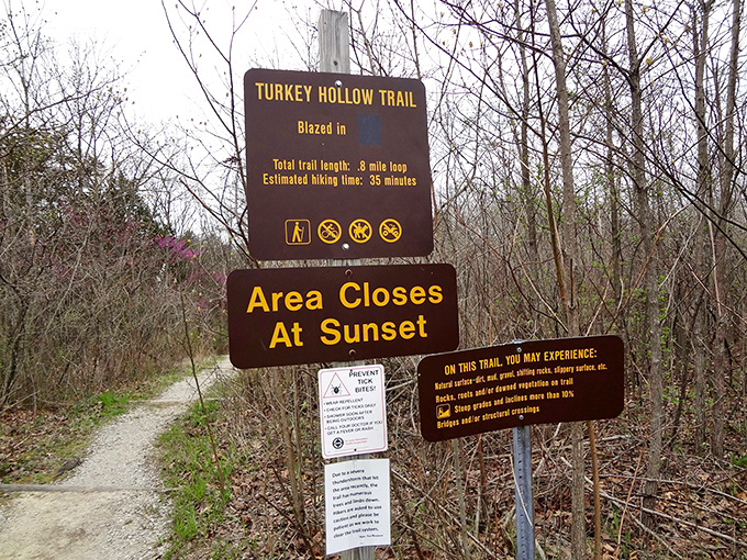 Turkey Hollow Trail: where the area closes at sunset and the adventure level opens at "moderate." Hiking boots strongly suggested!