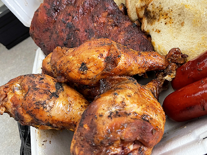 Smoked chicken that's avoided the cardinal sin of barbecue poultry: dryness. These birds flew close to the smoke but landed in juicy territory.