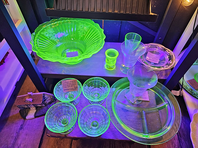 The eerie glow of uranium glass under black light creates a sci-fi moment amid the antiques. Perfectly safe to own, impossibly cool to display!