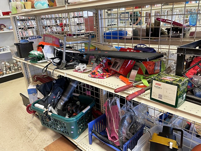 Organized chaos at its finest! This shelf of miscellaneous treasures is where camping gear meets holiday decorations in the great thrift store melting pot.