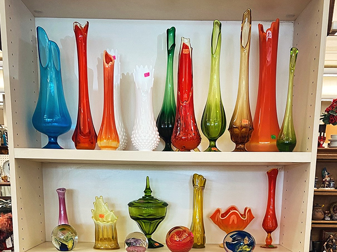A rainbow of vintage glassware that transforms ordinary shelves into extraordinary displays. Sunlight through these beauties creates instant home magic.