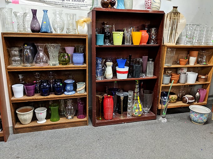 Crystal, colored glass, and ceramic vessels line wooden shelves like a museum of domestic history – each piece waiting for its renaissance moment.