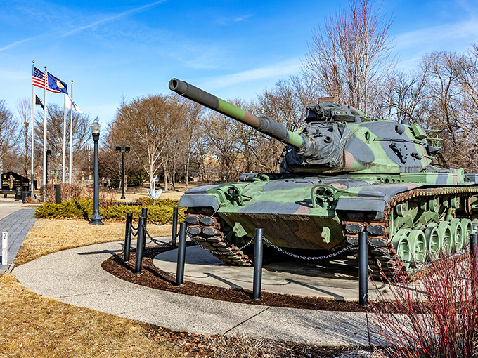 Veterans Memorial Park honors service with quiet dignity, the tank a powerful reminder of sacrifices made for hometown streets.