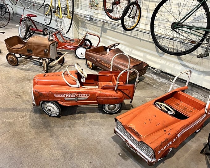 These miniature hot rods and pedal cars aren't just toys—they're childhood status symbols from an era when "horsepower" meant your own little legs.