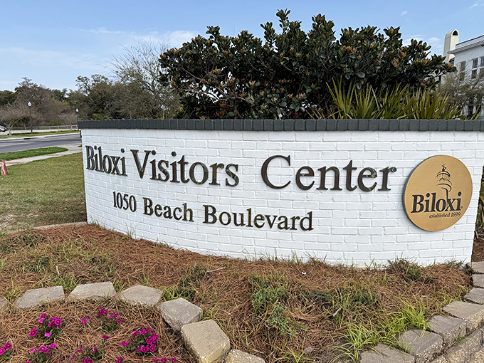 The Visitors Center sign promises air conditioning and fascinating lighthouse lore&mdash;a winning combination on the Gulf Coast.