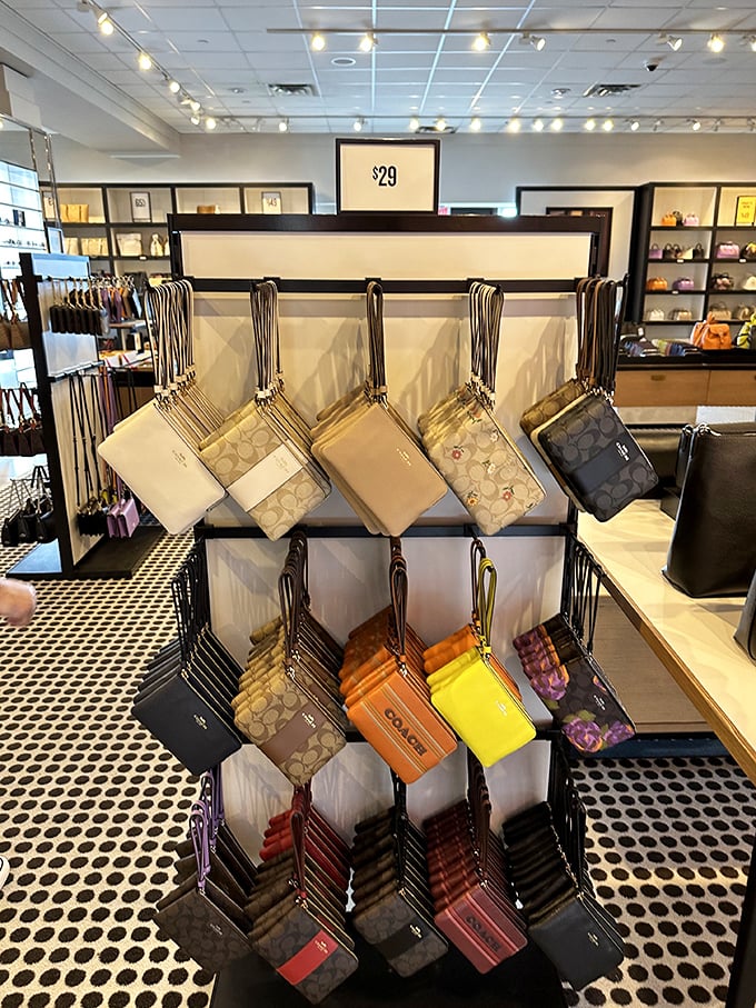 Coach wristlets displayed like fine art. The gateway accessory that leads to purse addiction—starts innocently at just $29.