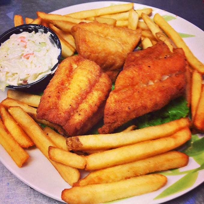 Golden-fried fish fillets surrounded by crispy fries and creamy coleslaw &ndash; the holy trinity of seafood comfort that makes you forget you're hundreds of miles from any ocean.