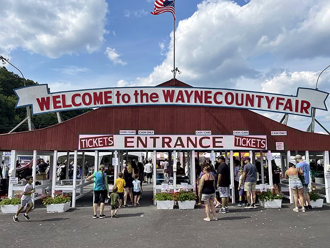 The Wayne County Fair entrance promises the kind of authentic Americana experience where funnel cakes and agricultural pride still reign supreme—no irony required.