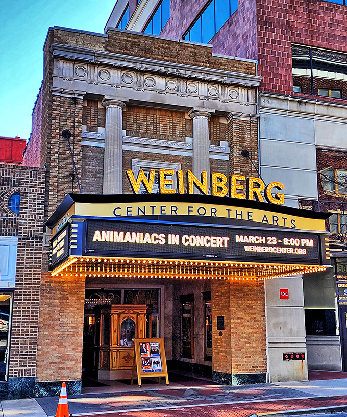 The Weinberg's marquee lights promise entertainment in a theater that remembers when movies cost a nickel.