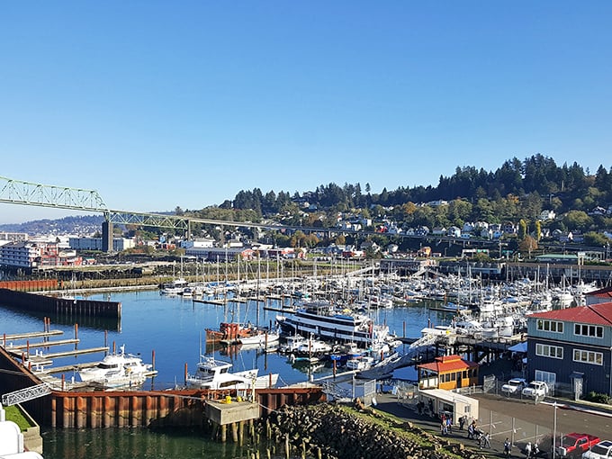 The West Basin Marina cradles boats of all sizes beneath Astoria's hillside homes, a perfect harmony of maritime life and residential charm.