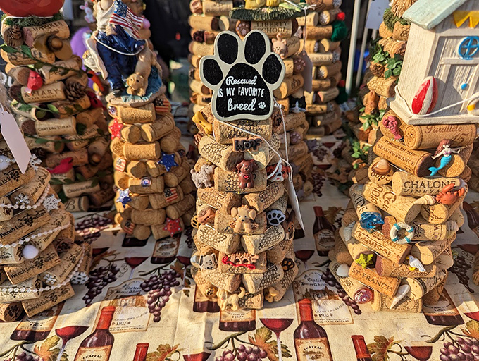 Wine cork masterpieces that prove one person's recycling is another's art gallery. That "Rescued is my favorite breed" sign speaks to my soul!