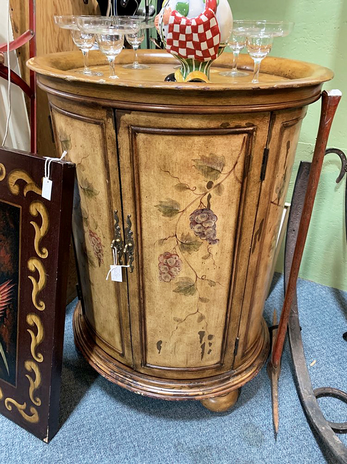 This hand-painted wine cabinet tells stories of Tuscan vineyards and elegant soir&eacute;es. Your chardonnay has been waiting for this upgrade.