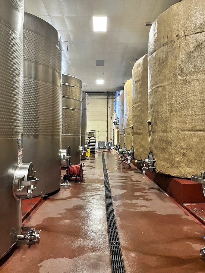 These gleaming steel tanks are like spacecraft for grape transformation&mdash;the industrial cathedral where science meets artistry in liquid form.