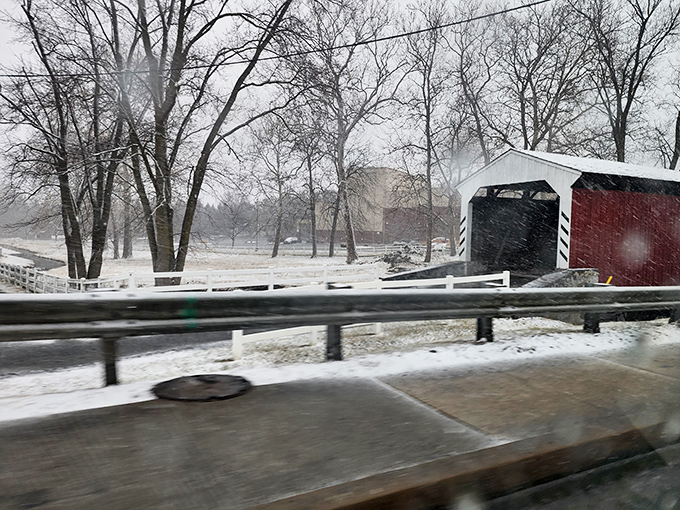Winter transforms the bridge into a snow globe scene you can actually drive through. Narnia's got nothing on Lancaster County.