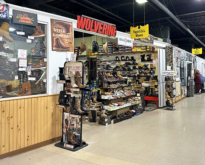 Work boots that could tell stories. This Wolverine footwear display offers durability for professionals and weekend warriors alike.