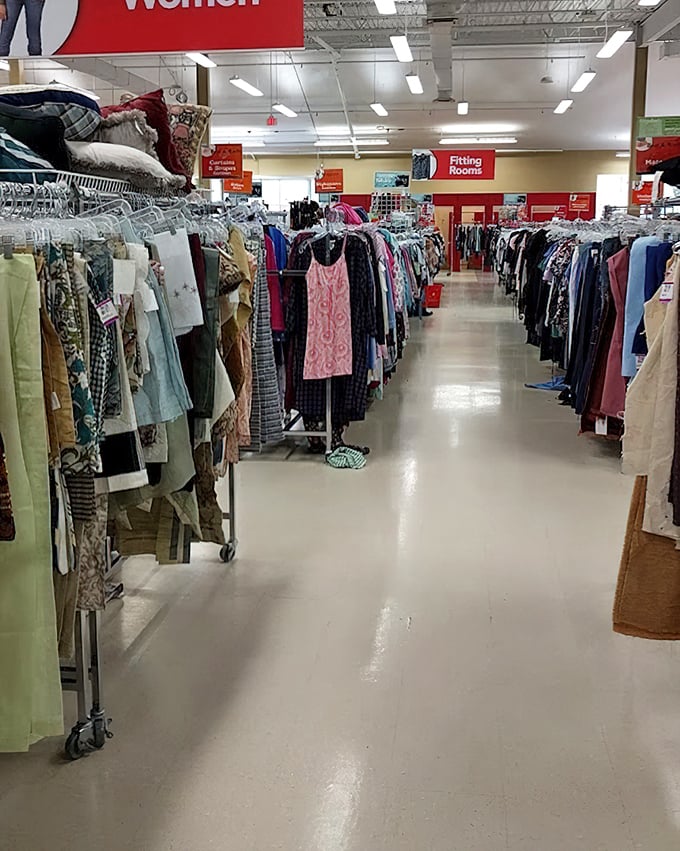 Fitting rooms stand ready for your fashion experiments. The walk down this aisle might lead to your next signature look.