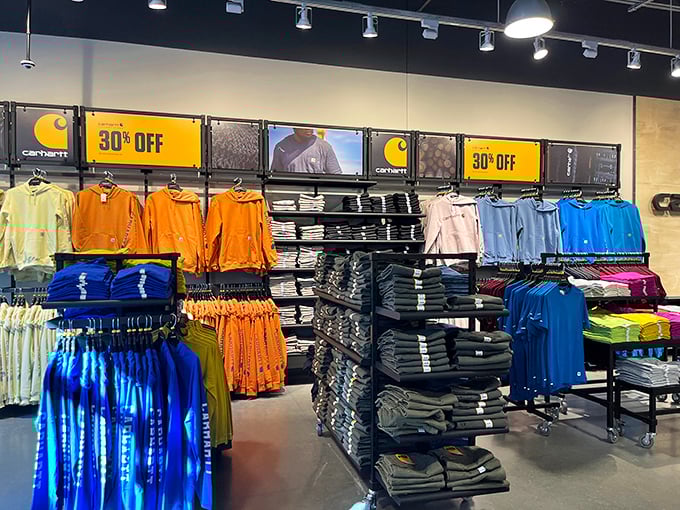 Carhartt's colorful workwear display proves that even those who never swing a hammer can look like they know their way around a toolbox.