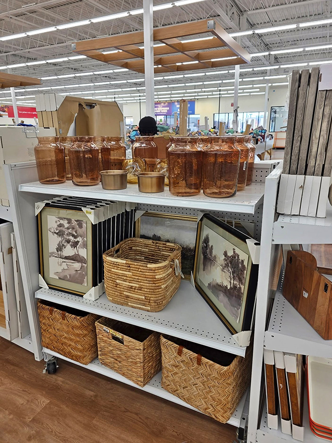 Amber glass jars and woven baskets await their forever homes. Marie Kondo would approve of these organizational treasures that spark joy without sparking credit card debt.