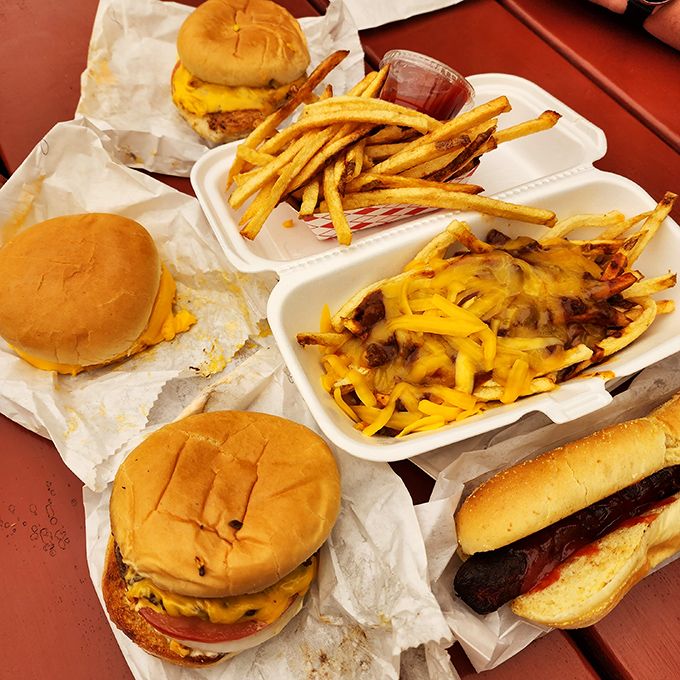 A feast fit for royalty served on humble paper. The contrast between the golden fries and vibrant burger creates a still life painting you can eat. 