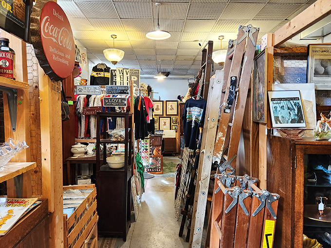 Vintage Coca-Cola signs hang above carefully arranged displays, creating aisles that feel like time tunnels.