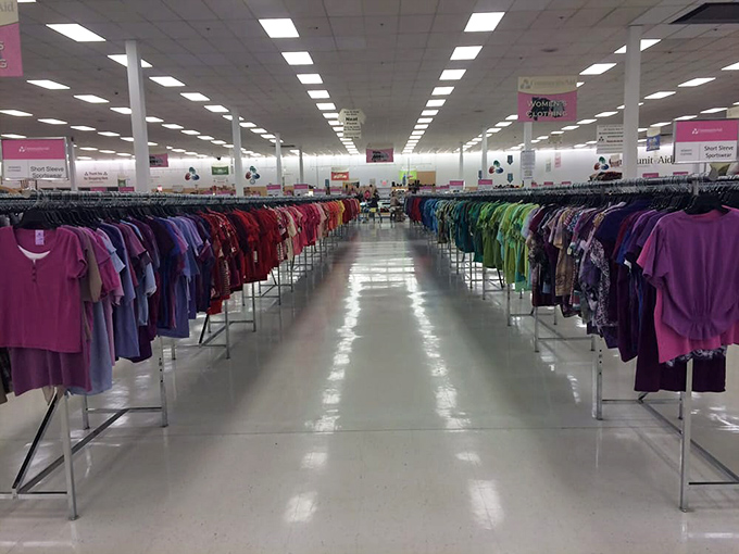 Aisles wide enough to dance through. The rainbow organization system makes finding that perfect purple blouse surprisingly efficient.