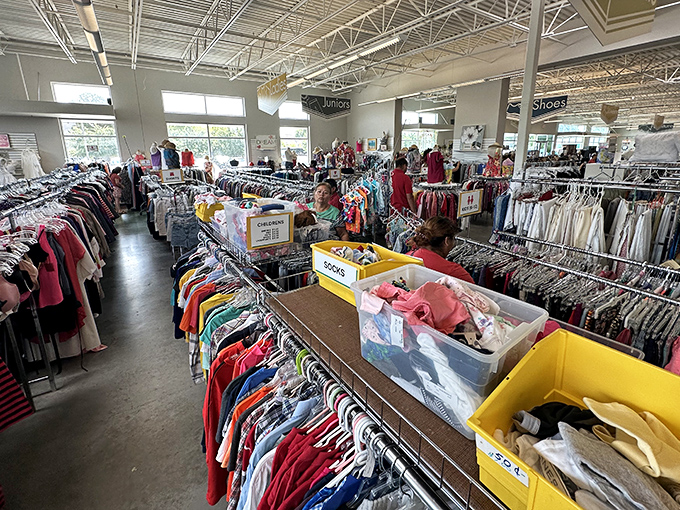 The children's section is a rainbow explosion of barely-worn possibilities. Parents rejoice: kids outgrow clothes faster than you can say "growth spurt."