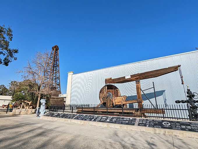 This antique wooden oil pump jack stands as a monument to Bakersfield's petroleum heritage &ndash; the original black gold that built this valley town.
