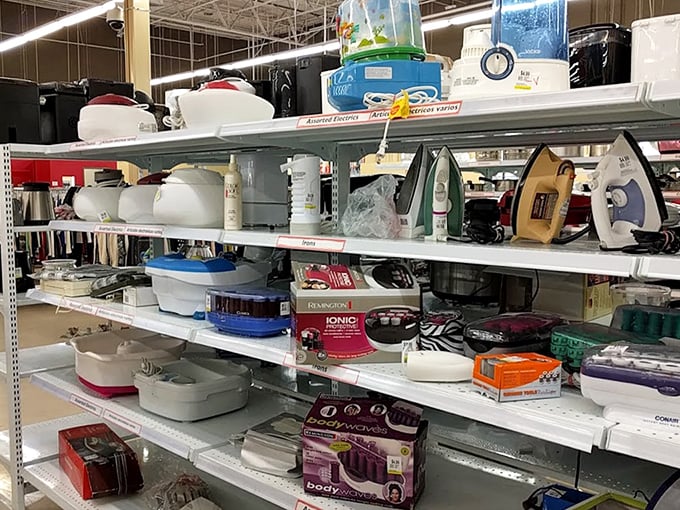 The small appliance section – where perfectly functional toasters, irons and coffee makers await their second act in someone else's morning routine.