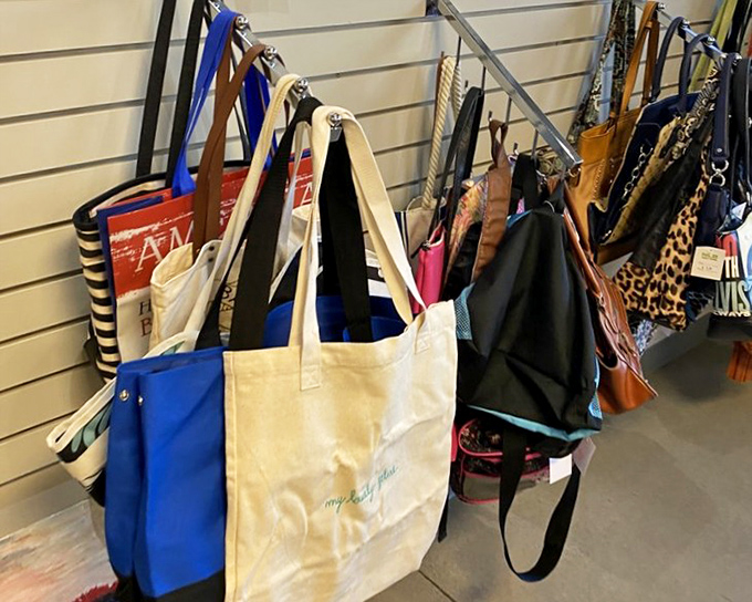 Handbag heaven for the accessory enthusiast&mdash;canvas totes to faux-croc clutches hanging like fashionable fruit ripe for the picking.