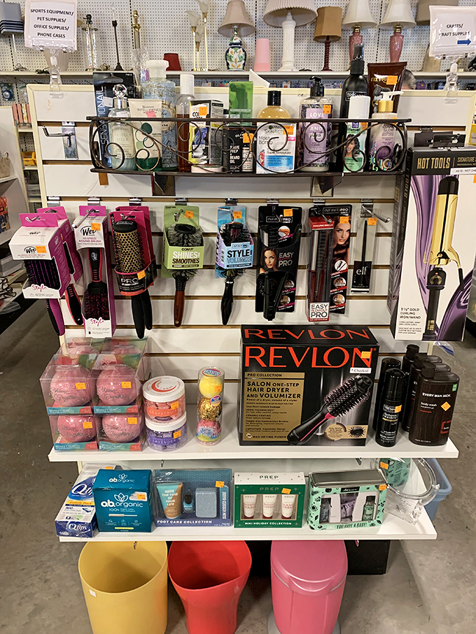 The beauty section: where unopened Revlon boxes and bath bombs prove one shopper's impulse buy is another's perfect find.