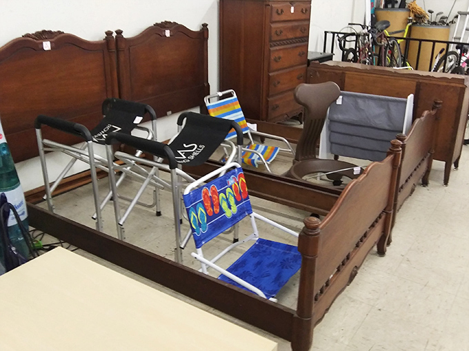 Beach chairs nestled among vintage bed frames &ndash; the furniture equivalent of finding unexpected money in last summer's shorts pocket.
