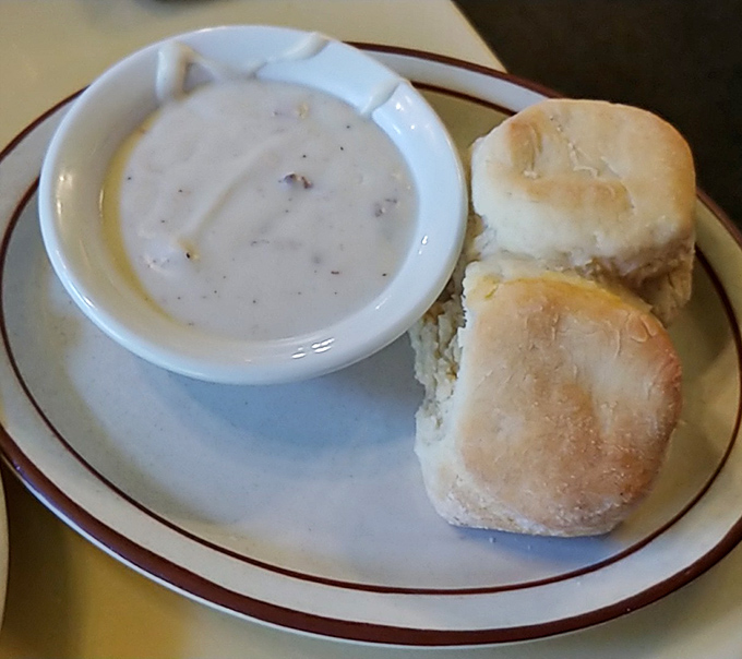 Biscuits that could make your grandmother jealous paired with gravy that's clearly been simmering with purpose. Comfort food defined.