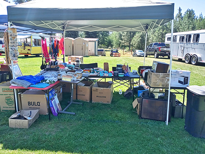 Electronics, clothing, and mystery boxes&mdash;this vendor's eclectic spread is like a real-life version of "Let's Make a Deal" without the silly costumes.