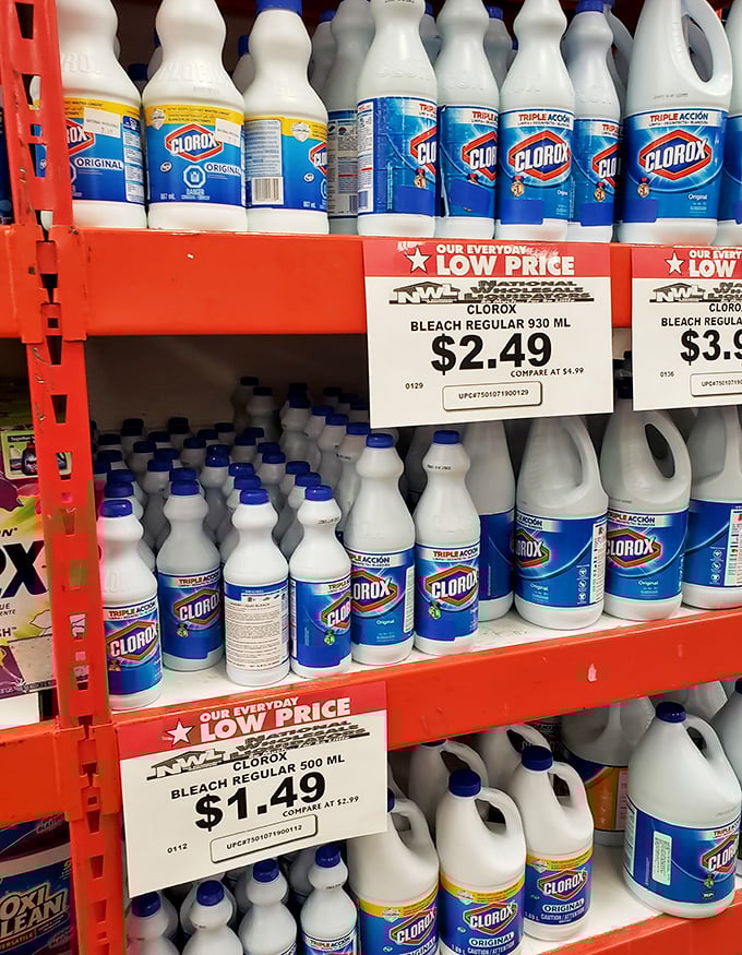 Clorox bleach stacked like they're preparing for the world's cleanest apocalypse, priced to make stockpiling totally reasonable.