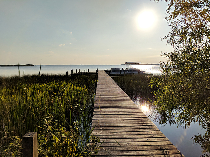 This isn't just a boardwalk; it's a runway into tranquility. Each weathered plank tells stories of countless sunrises and fishing tales.