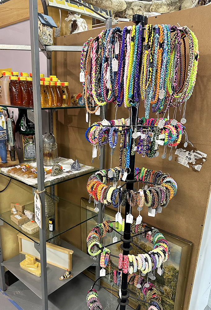 A rainbow explosion of handcrafted bracelets brings bohemian flair to any wrist. One person's craft project is another's treasure hunt.
