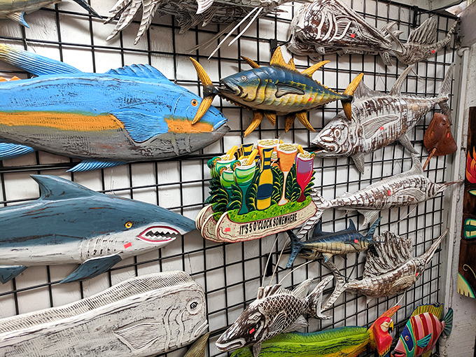 The catch of the day doesn't require a fishing license. These wooden marine creatures bring coastal charm without the smell of actual fish.