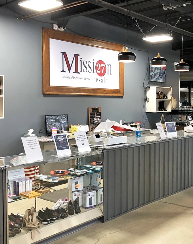 Not just a checkout counter, but command central for thrift operations, complete with stylish pendant lighting that says, "Yes, we care about aesthetics."