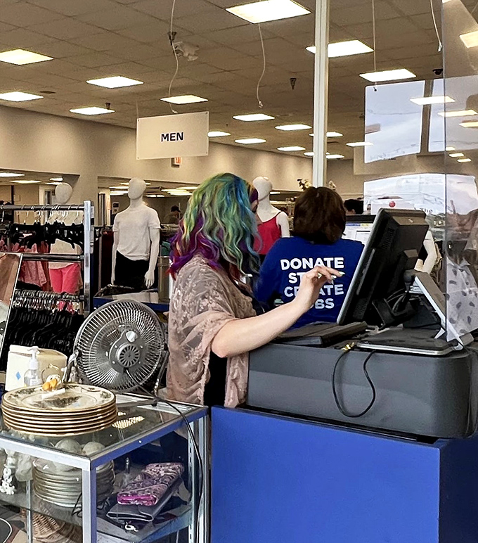 At checkout, treasures get tallied while nearby dishware displays tempt you with one last impulse purchase. Resistance is futile.
