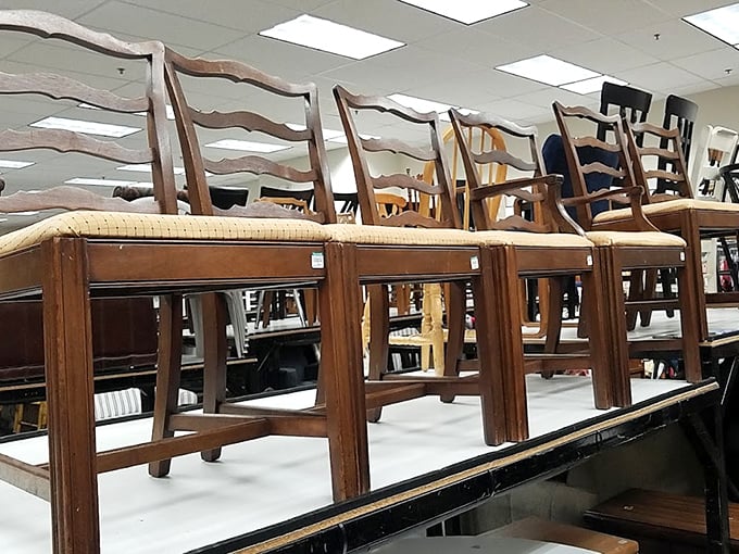 The furniture section: where dining chairs patiently wait for their next dinner party. Each one silently wondering, "Will my next home have better cooks?"