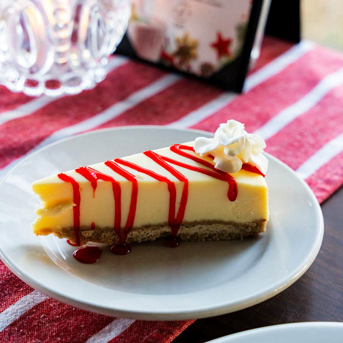 Oh, my! This slice of heaven, perfectly drizzled with bright sauce, is the ultimate creamy grand finale to a perfect steak dinner.