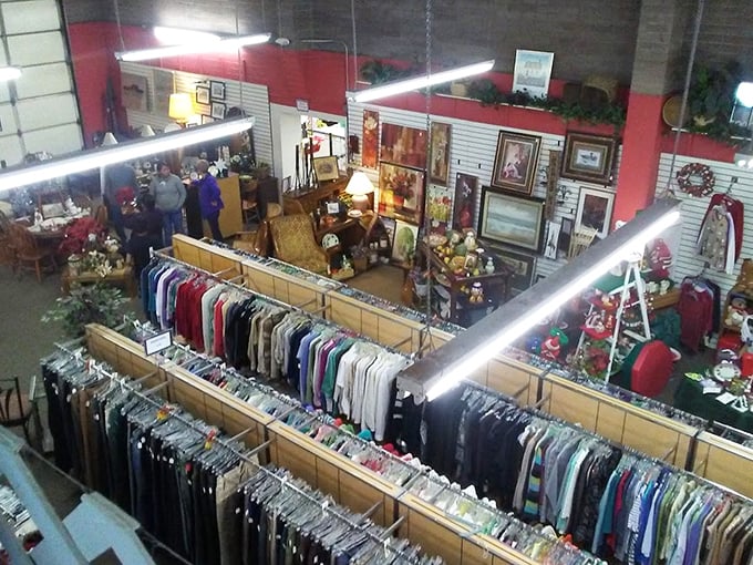 The aerial view of organized chaos. Clothing racks stretch like colorful roads leading to your next favorite outfit.