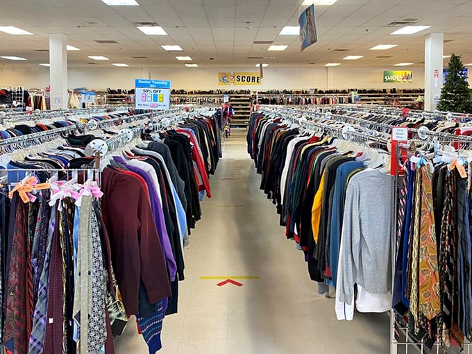 The clothing section stretches toward the horizon like a textile Grand Canyon.