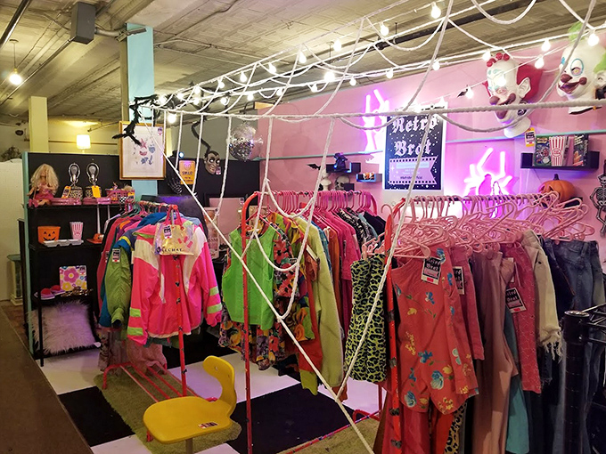 A riot of color in the vintage clothing section, where yesterday's fashion statements wait for tomorrow's trendsetters to rediscover them.