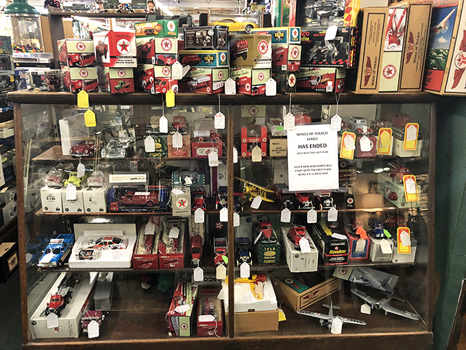 Texaco meets Tonka in this nostalgic display where toy collectors and petroliana enthusiasts unite in their shared obsession with miniature perfection.