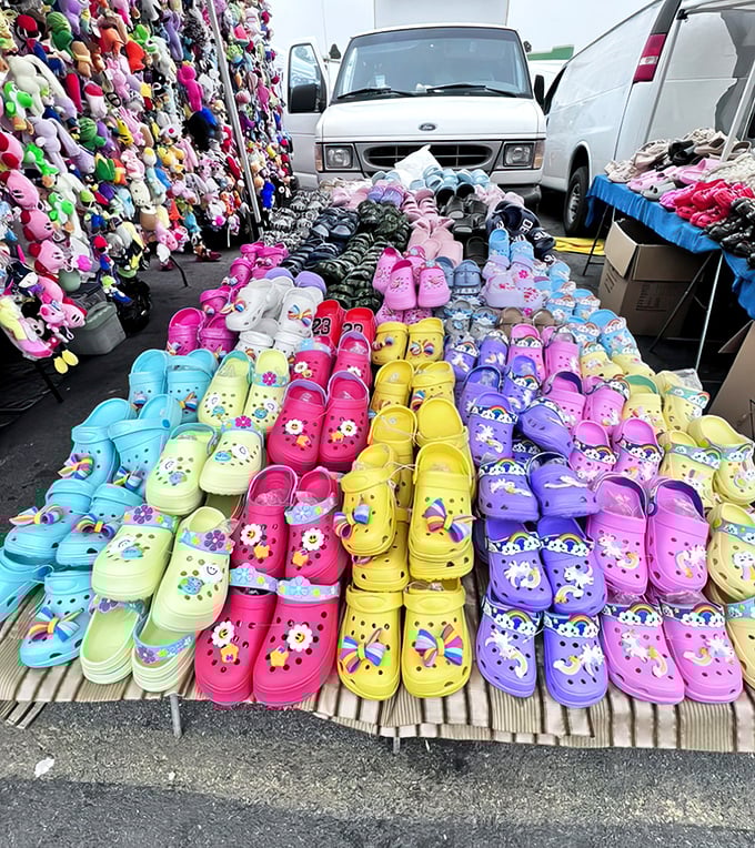 A rainbow army of foam clogs stands at attention, their cheerful colors and flower embellishments daring you to prioritize comfort over dignity.