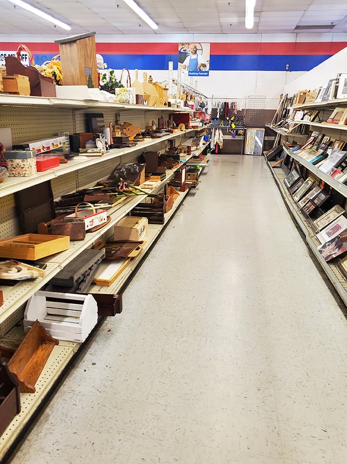 Every aisle tells a story. This one's filled with the supporting characters of home decor—picture frames, wooden boxes, and forgotten treasures.